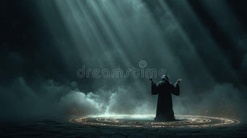 Mystical Hooded Sorcerer Summoning Magic in Darkness Stock Photo ...