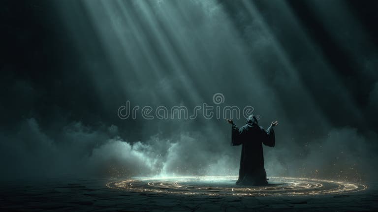 Mystical Hooded Sorcerer Summoning Magic in Darkness Stock Photo ...