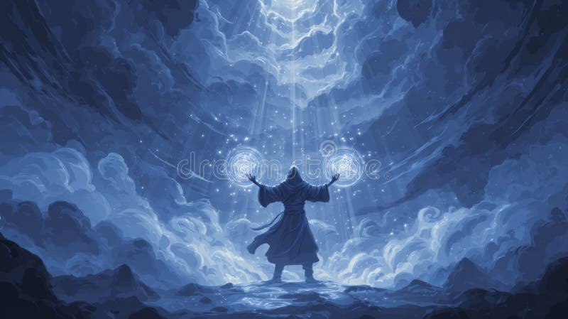 Mystical Hooded Sorcerer Summoning Magic in Darkness Stock Image ...