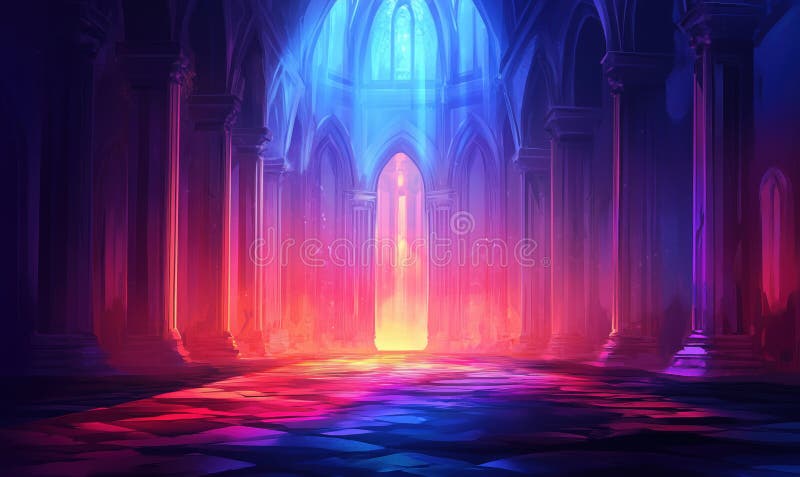 Mystical Illuminated Cathedral with Vibrant Colors and Ethereal Light ...