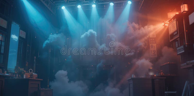 Mystical Indoor Stage with Blue Light Beams and Dramatic Smoke Stock ...