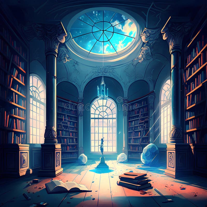 Mystical Interior of the Old Library. 3D Rendering Stock Illustration ...