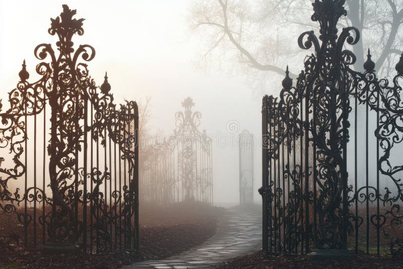 Mystical Iron Cemetery Gate in Misty Landscape for Contemplative Design ...