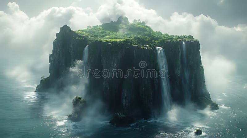 Mystical Island Waterfalls, Ocean Mist, Dramatic Sky, Fantasy Game ...