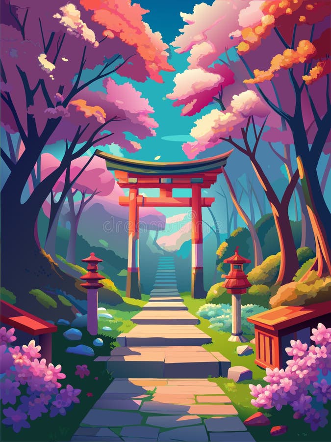 Mystical Japanese Torii Gate Surrounded by Cherry Blossoms in a ...