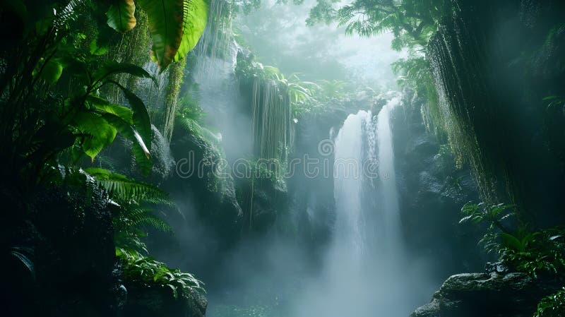Mystical Jungle Waterfall Hidden in Mist. a Jurassic Park-Inspired ...