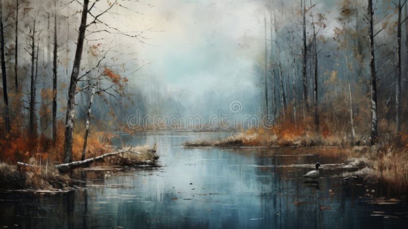 Mystical Lagoon: Oil Painting of a Tranquil River in the Fall Stock ...