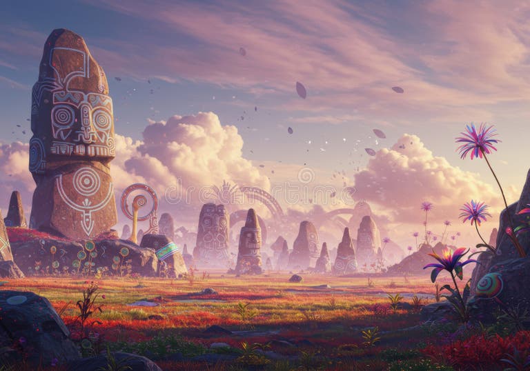 Mystical Landscape with Ancient Monoliths and Ethereal Sky at Dusk ...