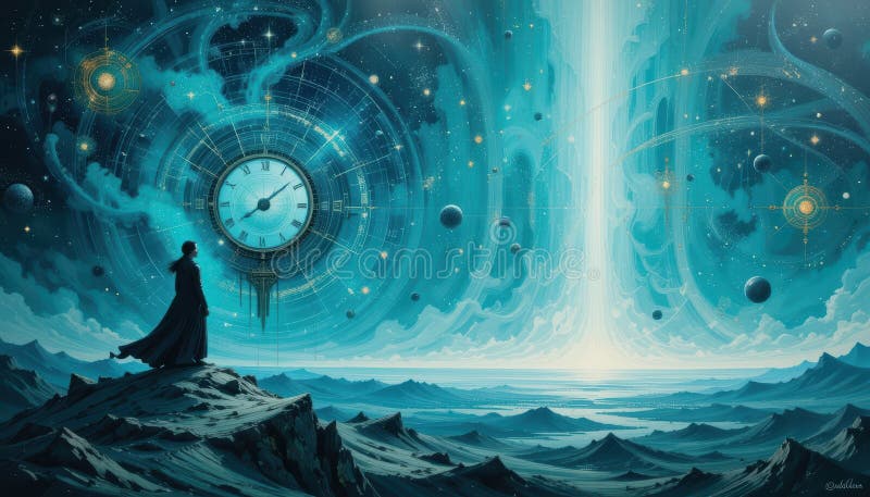 Mystical Landscape with Clock and Cosmic Elements in Ethereal Blue ...