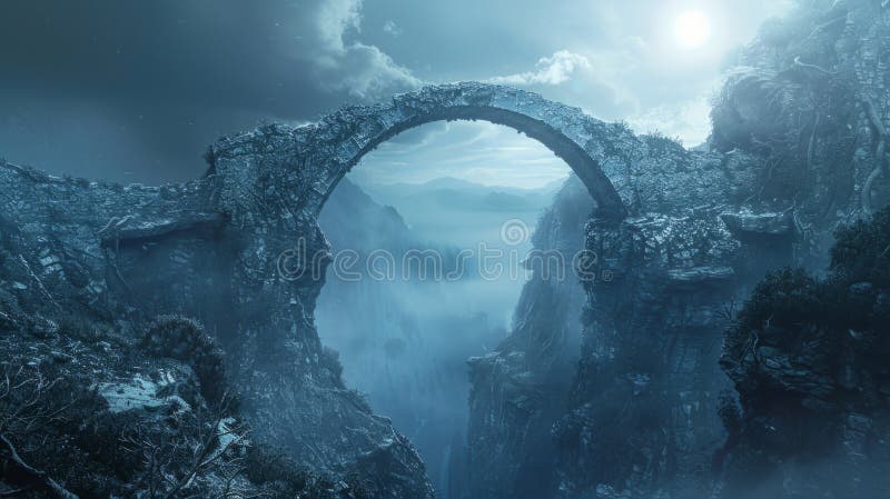 A Mystical Landscape Featuring an Ancient Arched Stone Bridge ...