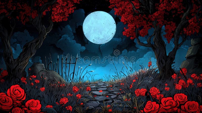 A Mystical Landscape Featuring a Full Moon Red Roses and a Dark ...