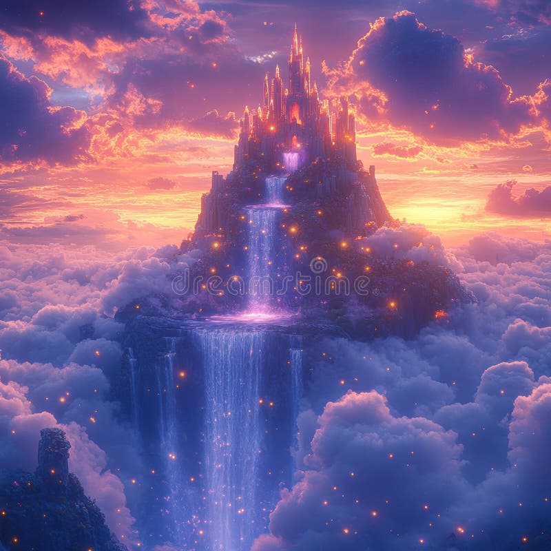 A Mystical Landscape with a Glowing Waterfall, Magical Castle, and ...