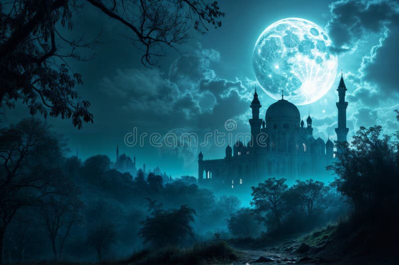 Mystical Landscape with Mosque and Moon at Night Stock Illustration ...