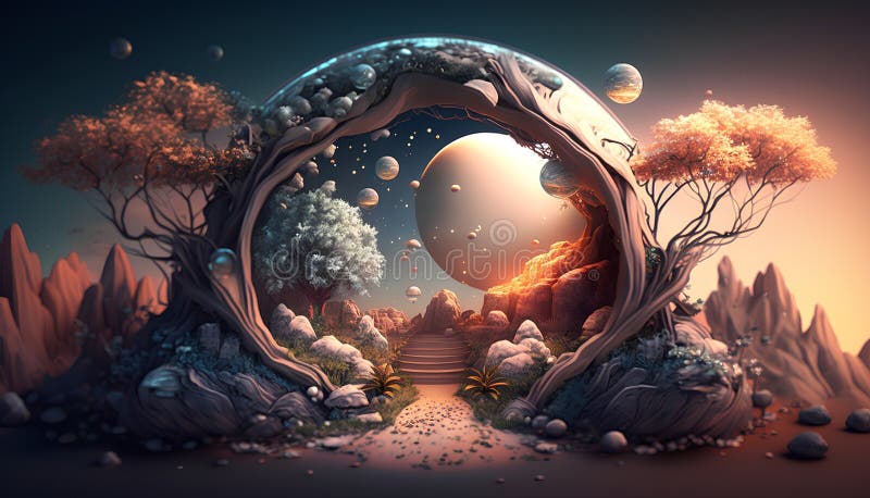 Mystical Landscape with Planet and Trees. 3D Illustration Stock ...