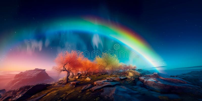 Mystical Landscape with a Rainbow-colored Aurora Borealis Lighting Up ...