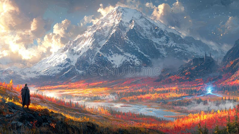 A Mystical Landscape with Towering Mountains, a Vibrant River, and a ...