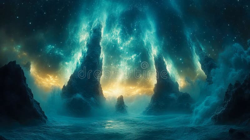 Mystical Landscape of Towering Rock Formations Under a Starry Sky with ...