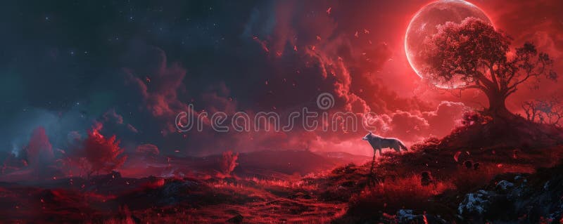 A Mystical Landscape with a Wolf Howling at the Blood Moon during a ...