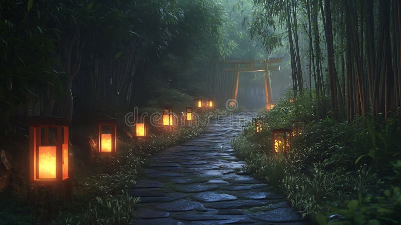 Mystical Lantern-Lit Path To a Zen Temple Stock Illustration ...