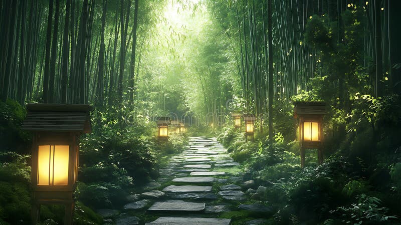 Mystical Lantern-Lit Path To a Zen Temple Stock Illustration ...