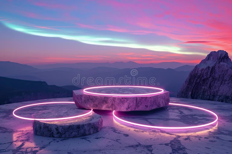 Mystical Levitating Stone Platforms with Neon Rings in Triangular ...