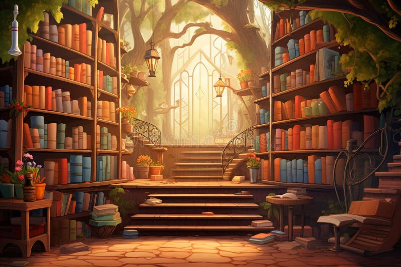 Enchanted Forest Library stock illustration. Illustration of books ...