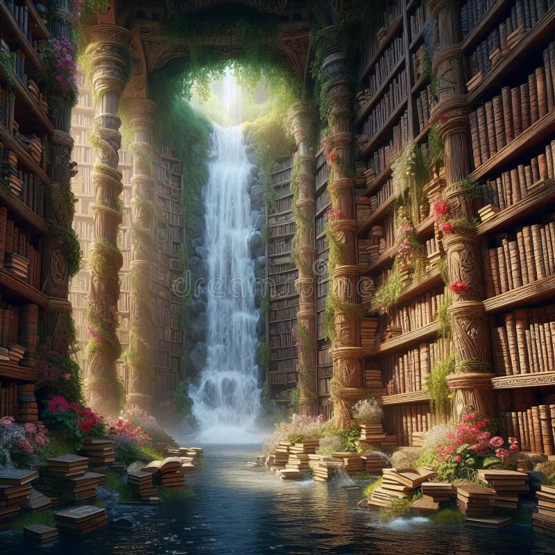 Mystical Library with Cascading Waterfall Stock Photo - Image of ...