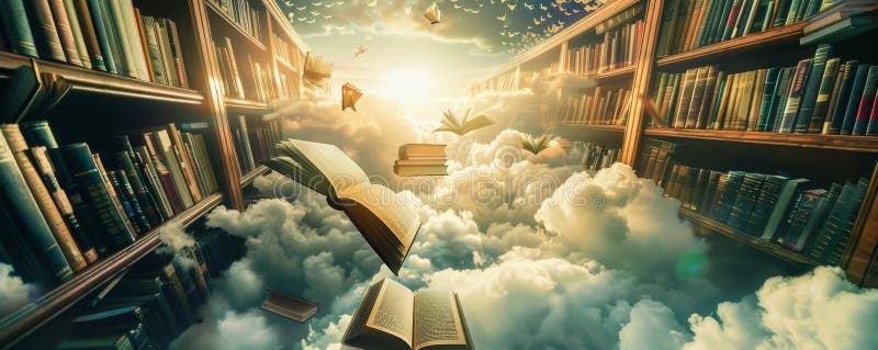 A Mystical Library in the Clouds Accessible only by Flying Books Stock ...