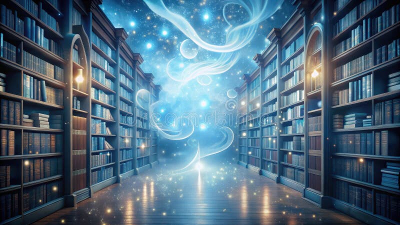 A Mystical Library Corridor Illuminated by Celestial Lights and ...