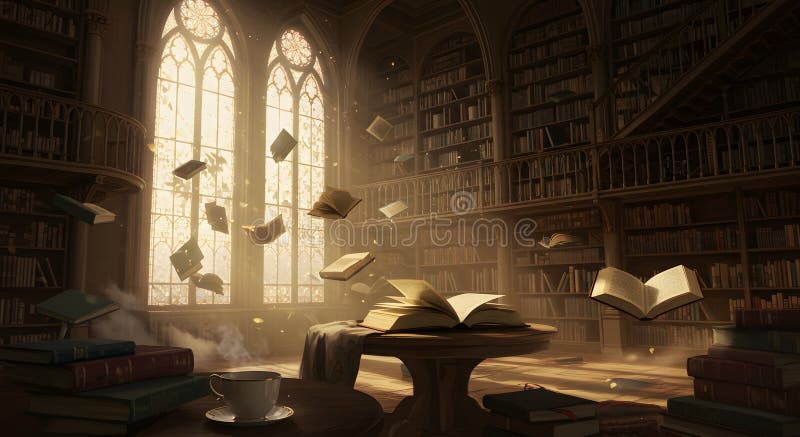 Enchanted Library: a Realm of Floating Books and Golden Sunlight Stock ...