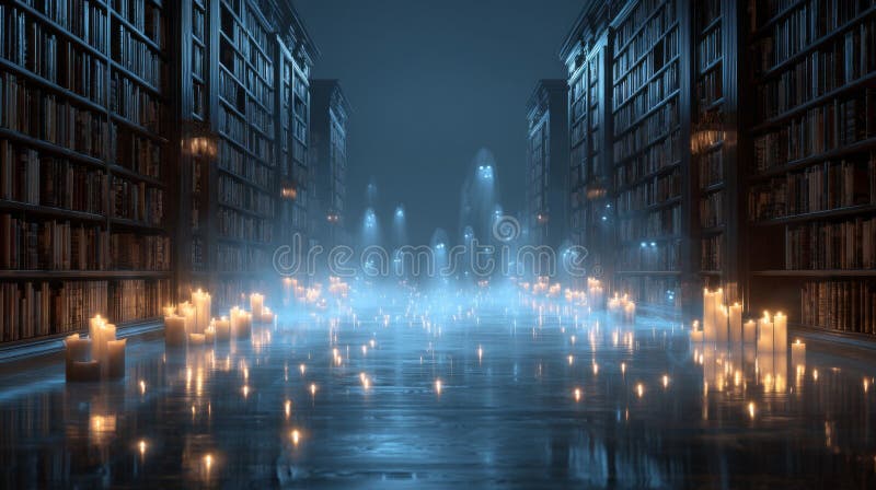 Mystical Library Path at Night with Candles and Blue Lighting Stock ...