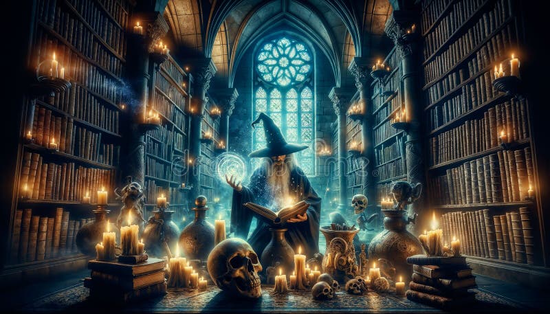 In a Mystical Library, a Wizard Performs Ancient Rituals and Casts ...