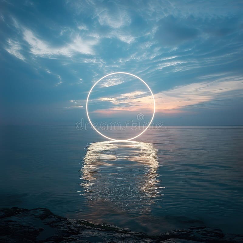 Mystical Light Circle Floating Over a Calm Ocean at Dusk Stock ...