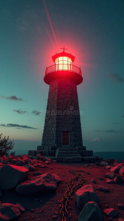Mystical Lighthouse at Night with Red Beacon Against Starry Sky on ...