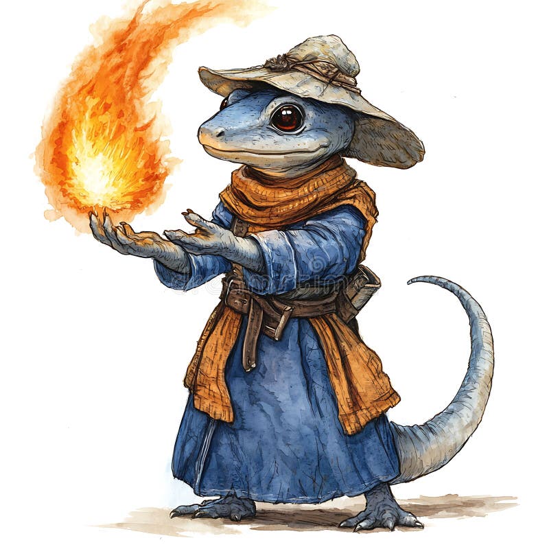 Mystical Lizard Mage Conjuring Fire Stock Illustration - Illustration ...