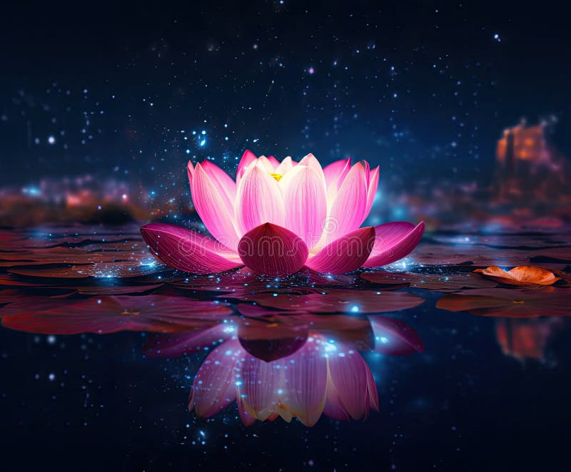 Mystical Lotus Bloom with Starry Radiance on Tranquil Waters (AI ... Mystical Lotus Bloom with Starry Radiance on Tranquil Waters (AI ...