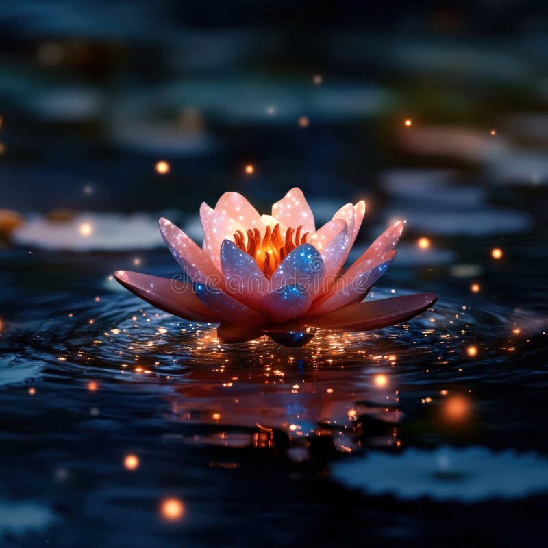 Mystical Lotus Flower with Glowing Lights on Calm Water Surface at ...