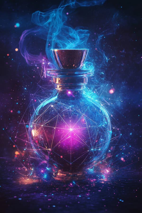 Mystical Magic Potion in a Glowing Ornate Bottle with Swirling Smoke ...