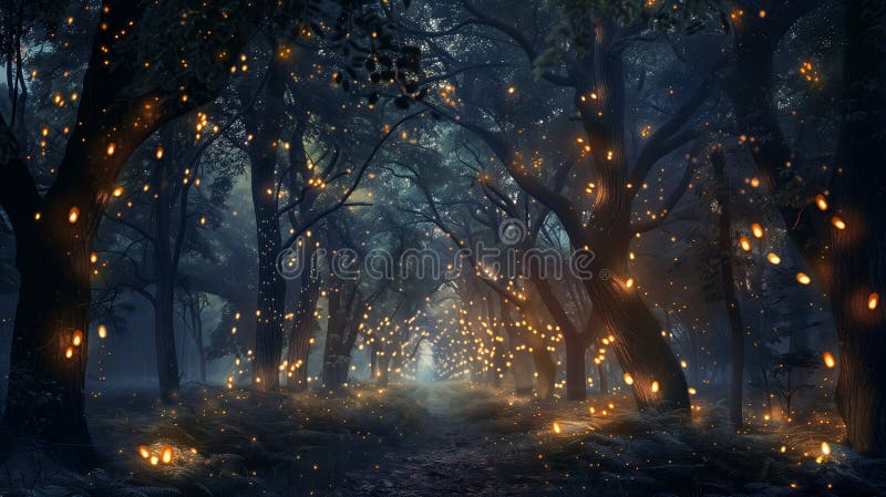 Mystical Magical Forest at Night with Glowing Lights Stock Photo ...