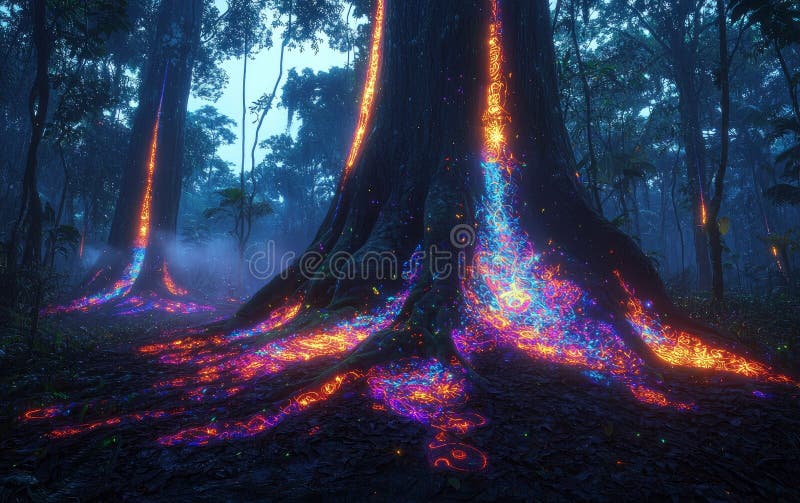 Mystical and Magical Glowing Trees in a Dark Forest with Colorful ...