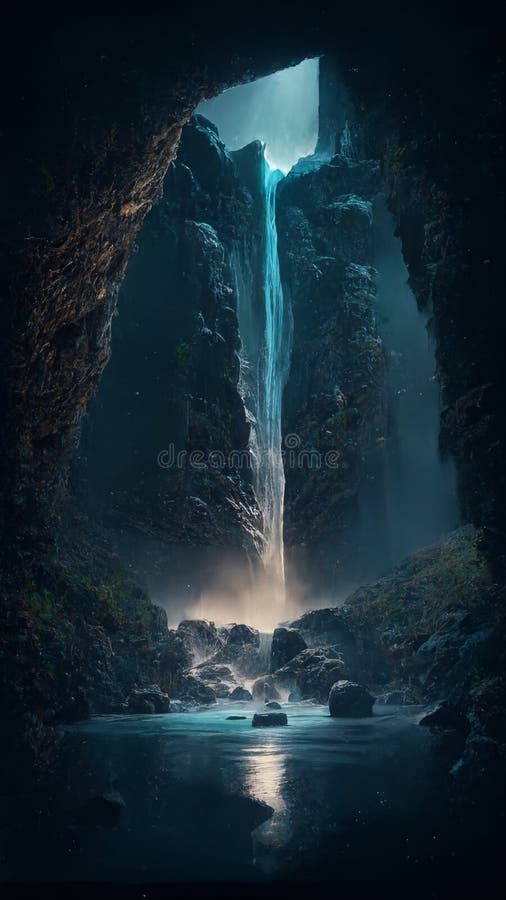 Mystical Magical Waterfall in the Mountains Stock Illustration ...