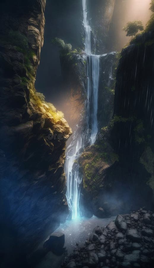 Mystical Magical Waterfall in the Mountains Stock Illustration ...