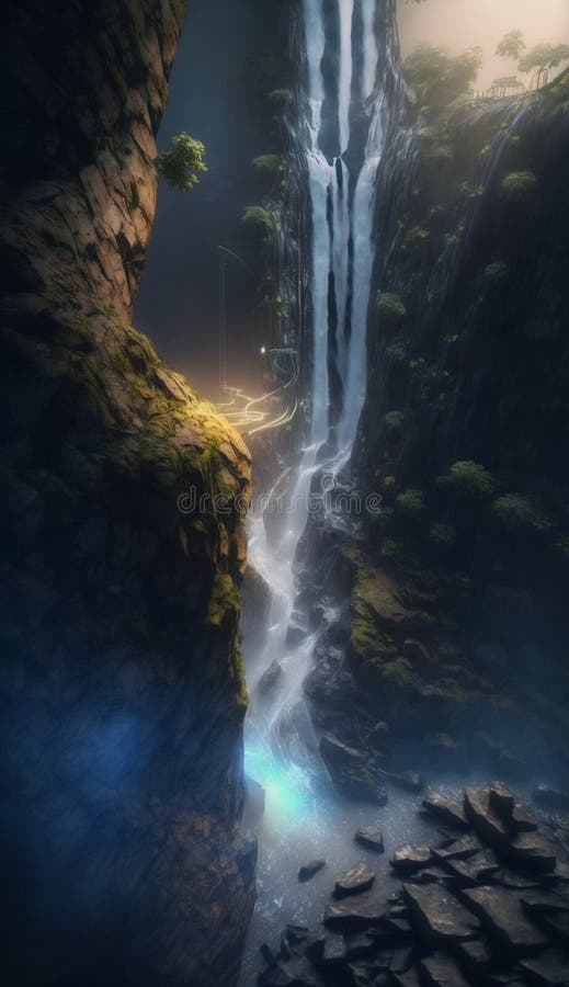 Mystical Magical Waterfall in the Mountains Stock Illustration ...