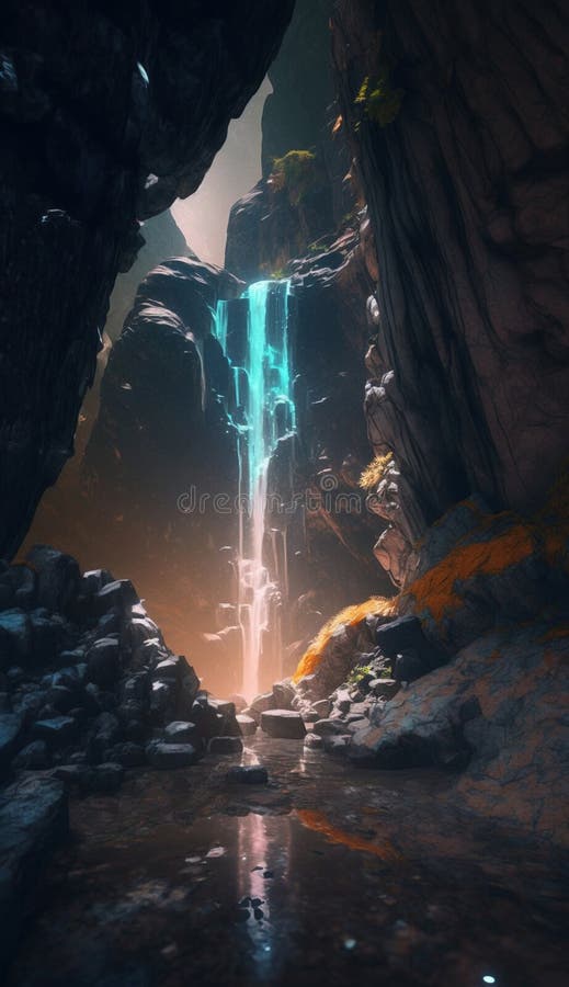 Mystical Magical Waterfall in the Mountains Stock Illustration ...