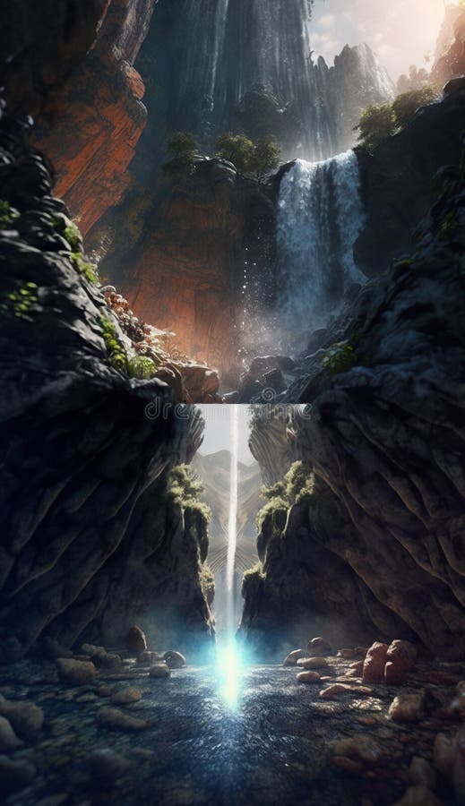Mystical Magical Waterfall in the Mountains Stock Illustration ...
