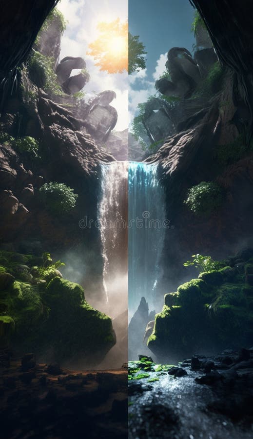 Mystical Magical Waterfall in the Mountains Stock Illustration ...