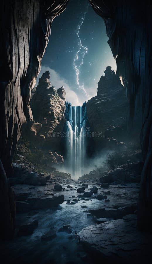 Mystical Magical Waterfall in the Mountains Stock Illustration ...