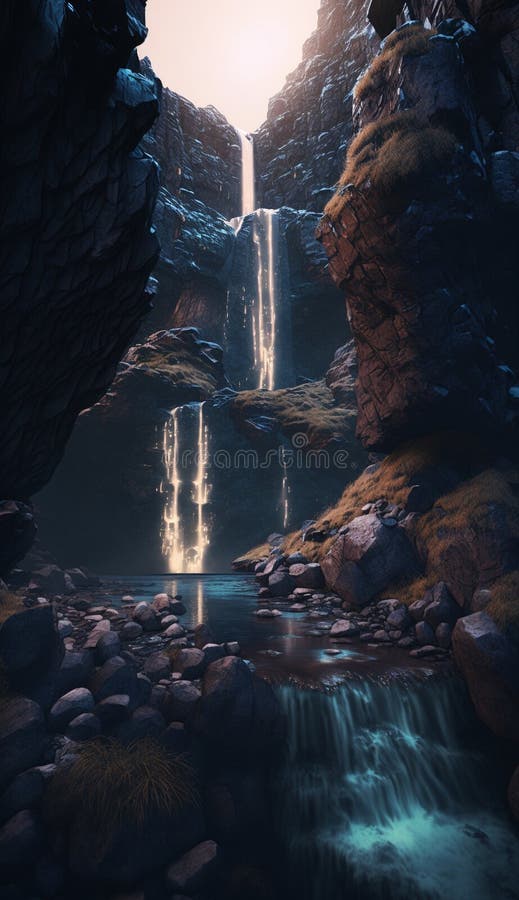 Mystical Magical Waterfall in the Mountains Stock Illustration ...