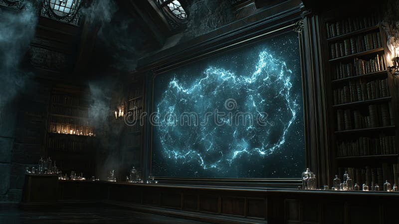 Mystical Map Projection on Ornate Wall in a Gothic Library Stock Photo ...