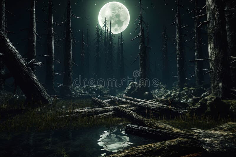 Mystical Midnight Forest Illuminated by a Full Moon and Creeping Shadows Stock Photo - Image of ...